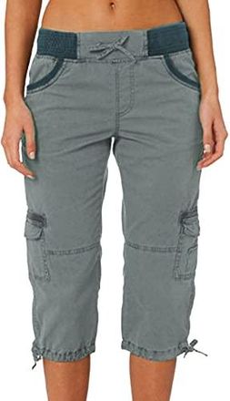 Generic Short dété en coton extensible longueur genou pour femme - Taille élastique - Short de cyclisme doux - Taille haute - Cordon de serrage - Couleur unie