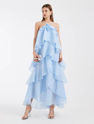 Vero Moda Robe longue en mousseline effet froiss&eacute; &agrave; encolure am&eacute;ricaine et volants avec d&eacute;tail fleur - Bleu