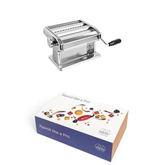 Marcato Nudel- und Raviolizubereitungsset, Marcato Ampia 180 Nudelmaschine + Form für 24 Quadratische Ravioli (35 mm) + Nudelholz + Runde Form + Ovale Form + 