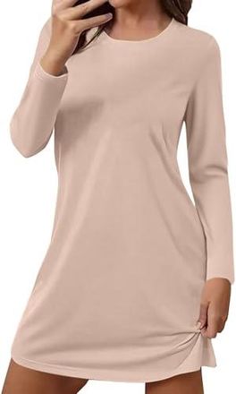 Generic Chemise de nuit en coton &agrave; manches longues pour femme, chemise de nuit courte en coton &agrave; col rond, v&ecirc;tements de nuit amples confortables, v&ecirc;tements de