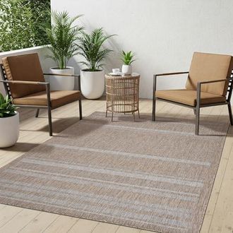 Tapiso Melissa Tapis Ext&eacute;rieur Int&eacute;rieur Terrasse Balcon Salon Cuisine Moderne Beige Gris Mouchet&eacute; Ray&eacute; Bord&eacute; Aspect Sisal R&eacute;sistant aux Intemp&eacute;ries Oeko-TEX