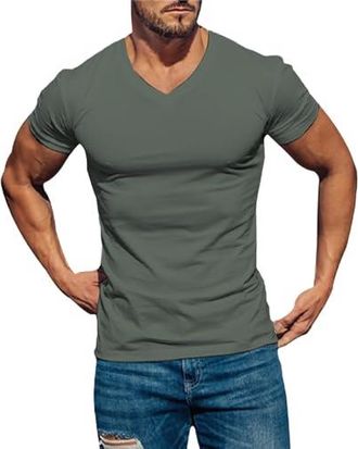 Generic T-shirt de sport pour homme Coupe ample Col en V Manches courtes Léger Séchage rapide Sport Running Tops, Vert, 3XL