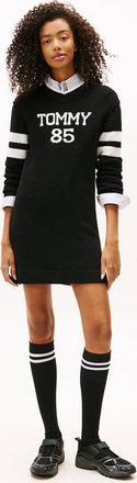 Tommy Jeans Robe pull mi-longue col en V avec logo en maille intarsia - Noir