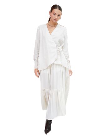 Koton Women Viscose Mix V Neck Tie Detail Long Sleeve Blouse