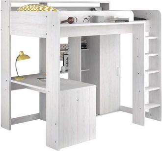 Les Tendances Les Tendances - Lit mezzanine blanc 90 x 200 cm - Panneau de particules d&eacute;cor Pin Petterson - &Eacute;chelle dacc&egrave;s incluse - Bureau et armoire int&eacute;gr&eacute;s