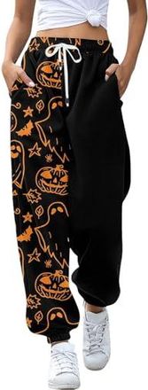 Generic Pantalon long d&eacute;contract&eacute; pour femme - Taille &eacute;lastique - Dos - Imprim&eacute; d&eacute;contract&eacute;, Noir, XXL