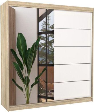 Les Tendances Les Tendances - Armoire chambre adulte 2 portes coulissantes naturel et blanc avec miroir Olivia 200cm