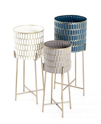 Haku Möbel Blumensäule 3er Set Creme, Gold, Petrol, Taupe, Metall - Maße: H 59/64/70 cm x Ø 22/26/29 cm, Style: Art Deco