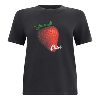 Chlo&eacute; Femme, Tops, Noir, Taille: 38 FR T-shirt en coton imprim&eacute; fraises