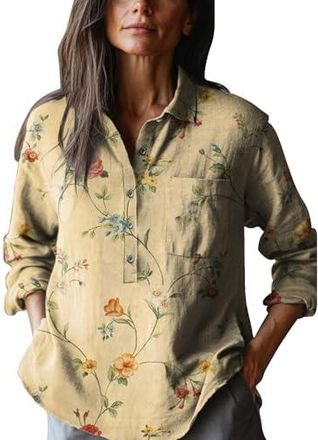 Generico Chemise Femme d&Eacute;t&eacute; &Eacute;l&eacute;gant Manches Longues Chemises en Lin Coton Curvy Grande Taille T Shirt Col en V Classique Blouse Vintage Imprim&eacute; Boutons Doux Ch