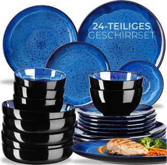 TecTake 24-teiliges Tafelservice 6 Personen, Steingut Geschirrset 6 Personen, handgefertigtes Teller Set mit Sch&uuml;sseln, Geschirr Set sp&uuml;lmaschinen- und mikrow