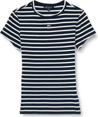 Tommy Jeans Damen T-Shirt Kurzarm Essential Rib Slim Fit, Mehrfarbig (Dark Night Navy/Stripe), XXS