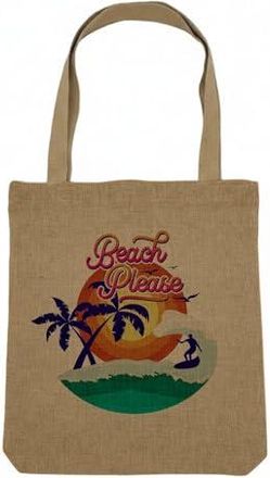 Fabulous Sac Shopping Tote Bag Aspect Lin - Beach Please Surf Plage Cocotiers Vacances - Sac de Courses Toile Epaisse 360g Beige Naturel Cabas Port&eacute; Epaule Sol