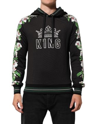 Dolce & Gabbana Mens King Black Orchid Floral Crown Logo Hoodie Sweater Cotton Clothing