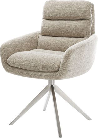 DELIFE Esszimmerstuhl Abelia-Flex mit Armlehnen Kreuzgestell breit Edelstahl Webstoff Soft Beige 360° drehbar Wippfunktion