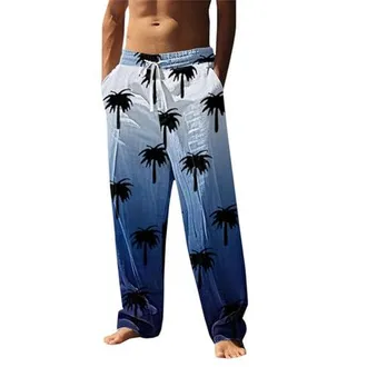 Generic Pantalon en coton et lin pour homme 2026 - Pantalon en lin imprim&eacute; cocotier - Jambes droites - Pantalon d&eacute;contract&eacute; ample pour l&eacute;t&eacute;, la plage, les voy