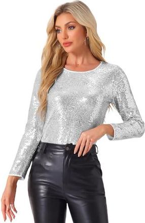 Allegra K Haut à Paillettes pour Femme Col Rond Manches Longues Chemisier de Fête Tops Sequins Argent XL