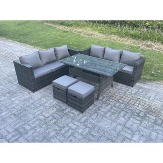 Fimous Polyrattan Gartenm&ouml;bel Set Terrassen Rattan Rechteckiger Esstisch Lounge Sofa mit 2 Kleiner Hocker 8 Sitzer Dunkelgrau gemischt - Fimous