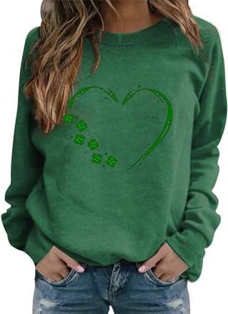 Generic Sweat-shirt de la Saint-Patrick pour femme Col rond Coeur Trèfle Imprimé Trèfle porte-bonheur Manches longues Tenues Paddys Day, Vert, XXL