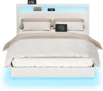 Vasagle Vasagle - Lit flottant double 140 x 190 cm - &Eacute;clairage LED personnalisable - T&ecirc;te de lit haute rembourr&eacute;e - 3 ports USB avec charge rapide