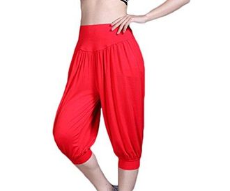 Baymate Pantalon de Sport Yoga Pantacourt Elastique Extensible - Baggy Pantalon Sarouel Femme Rouge M