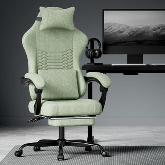 QAZQA Chaise de jeu en tissu, chaise de bureau, chaise de jeu de massage avec appui-t&ecirc;te, si&egrave;ge de jeu de course ergonomique avec repose-pieds (vert)
