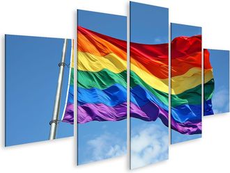 Islandburner Bild auf Leinwand Regenbogenfahne im blauen Himmel weht f&uuml;r Wohnzimmer LGBTQ+ Caf&eacute; Bilder Wandbilder Poster