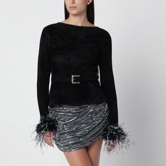 Self Portrait Black chenille knit top with feather trim