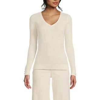 Lands End Feinstrick-Zopfmusterpullover mit V-Ausschnitt, Damen, Größe:48-50 regular, Weiß, Baumwolle, by Lands End