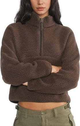 Generic Pull court avec demi-fermeture &eacute;clair pour femme - Veste polaire Sherpa - Jolies vestes dhiver avec poches, marron, XXL