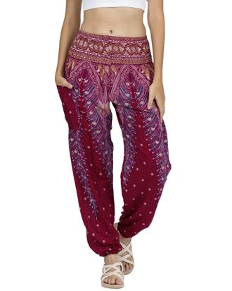 Lofbaz Damen Haremshose Yogahose Pumphose Hippie Hose Boho Kleidung Festival Outfit Sommerhose Leicht Sommer Hosen - Peacock 1 Burgund XL