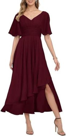 Generic Robe de mère de la mariée avec manches et col en V plissée en mousseline de soie pour invitée de mariage, bordeaux, 46 Grande taille