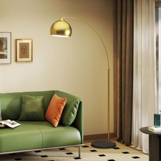 HOMCOM Homcom - Lampadaire arc en m&eacute;tal dor&eacute; - Hauteur ajustable 170-180cm - Abat-jour sph&eacute;rique en marbre - C&acirc;ble 1,8m pour usage flexible