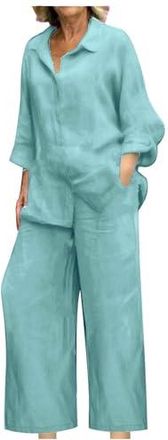 Generic Ensemble 2 pièces en lin pour femme, grande taille, chemise boutonnée à manches longues, pantalon en lin, vêtements dété 2025 pour femme, Vert, 3XL