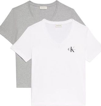 Calvin Klein T-Shirts Manches Courtes Lot de 2 Femme Logo Tee avec Col en V, Multicolore (Heroic Grey Heather/Brilliant Whi), XS