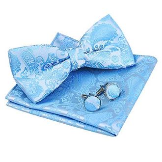 Alizeal Paisley Lot de Noeud Papillon Pr&eacute;-nou&eacute; & Mouchoir de Poche & Boutons de Manchette pour Homme-Bleu Clair