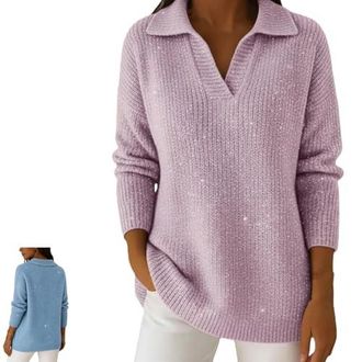 Generic Femmes No&euml;l Party Polo Col Brillant L&acirc;che Pull Top Amincissant &Eacute;l&eacute;gant Col V Manches Longues Pull Pull Brillant Pull, rose, XXL
