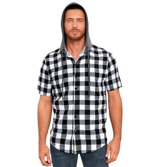 Generic T-shirt &agrave; carreaux pour homme avec poche &agrave; capuche et manches courtes - T-shirt de sport l&eacute;ger avec cordon de serrage - T-shirt de sport intelligent -