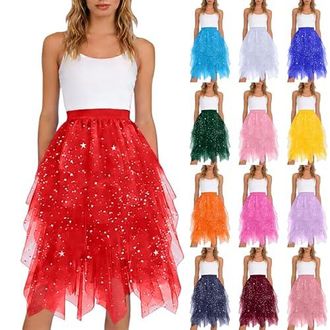 Generic Jupe en tulle &agrave; paillettes pour femme - Longueur genou irr&eacute;guli&egrave;re - Jupe en tulle - Haute couche - Jupe de f&eacute;e bouffante - Jupe pliss&eacute;e en maille mul