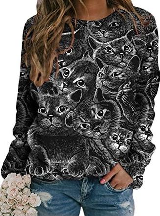 TOMWELL Femme Pull Mode Chat Imprimé Animal Imprimé 3D Motif de Chat Sweat col Rond À Manches Longues Color Block Patchwork Tops Blouse Style-2 XXL