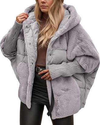 Generic Doudoune surdimensionn&eacute;e pour femme, veste en duvet polaire l&eacute;g&egrave;re &agrave; capuche patchwork manteaux dhiver chauds, gris, XXL