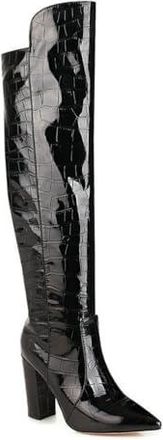 Generic Noir,35 EU,Bottes Hautes en Similicuir pour Femmes, Talons épais, Bout Pointu, Cuissardes, Style à Enfiler, Bottes Longues