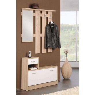 Dmora Dmora Eingangsm&ouml;bel mit Spiegel, Eingang f&uuml;r Flur mit Schuhregal, Taschenleerer f&uuml;r kleine Wohnungen, 100x25h180 cm, Farbe Wei&szlig; und Eiche