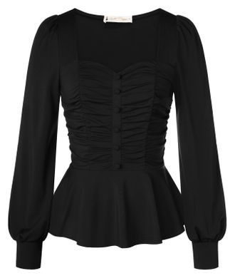 Belle Poque Peplum Tops f&uuml;r Damen Puff&auml;rmel Quadratischer Ausschnitt Ger&uuml;schte Vorderseite Blusen Oberteile