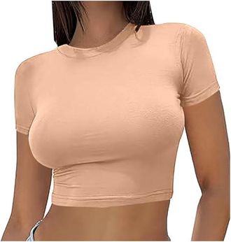 Generic Crop Top pour Femmes Sexy- T-Shirts à Manches Courtes Col Rond-Tunique Moulant Couleur Unie Haut Chic Et éLéGant Basique Classique Printemps Et Eté Sl