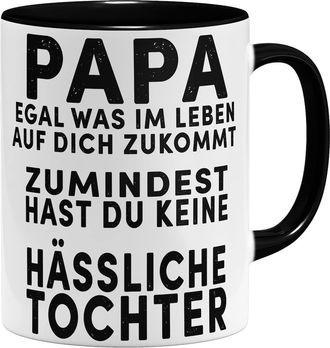 OM3 Papa Tasse mit lustigem Spruch - egal was im Leben auf Dich zukommt - Keramik Becher - 325ml - Beidseitig Bedruckt - Schwarz