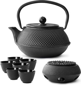 Bredemeijer Teekanne asiatisch Gusseisen Set schwarz 0.8 Liter mit Henkel & Edelstahl Tee-Filter Sieb-Einsatz f&uuml;r losen Tee & St&ouml;vchen & Teebecher (6 Tassen)