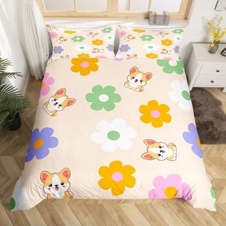 Generic Bettw&auml;sche 135x200 Zeichentrickblumen Bettw&auml;sche Sets Zeichentrick-Corgis Bettenset 3D Druck Weich Microfaser Kinderbettw&auml;sche mit Rei&szlig;veschluss und 2