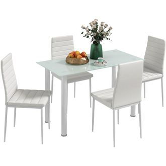 HOMCOM Homcom - 5-tlg. Essgruppe, Esstisch mit 4 St&uuml;hlen, K&uuml;chentisch mit Hartglasplatte, Esszimmergruppe, Esszimmerm&ouml;bel, Esstisch Set f&uuml;r K&uuml;che