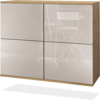 Vladon Kommode Rova V3, Moderner K&uuml;chenschrank mit 4 Push-to-Open T&uuml;ren Eiche Evoke/Sandgrau Hochglanz (92,5 x 73.5 x 35)